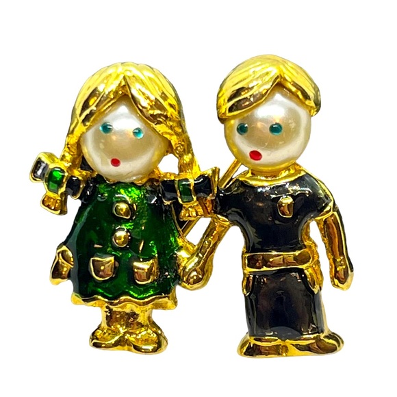 Jewelry | Boy Girl Pin Brooch Gold Tone Faux Pearl Children Faces ...